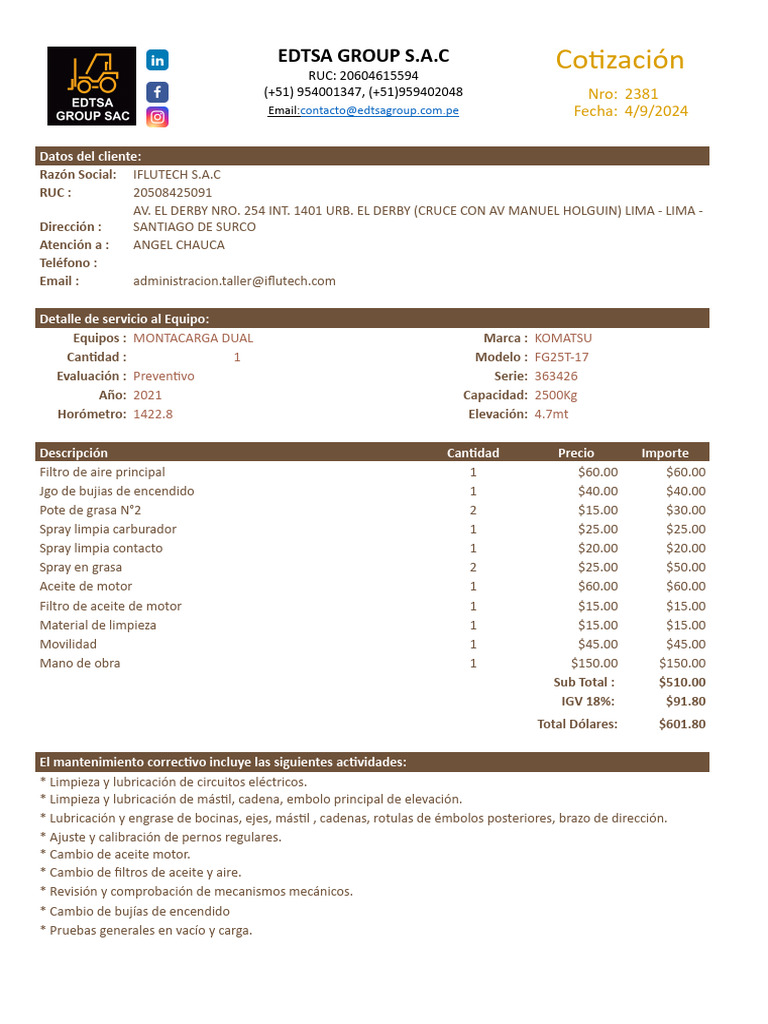 Cot 2381 Mant. Montacarga (Iflutech) | PDF