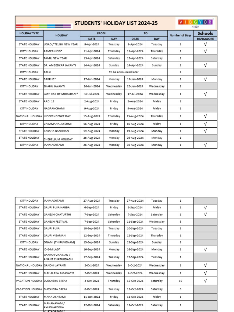 Student Holiday List Ay 2024 25 - VH | PDF | Festival | Religious Festivals