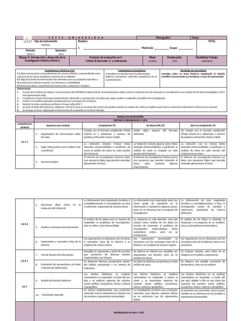Instrumento de Evaluación No. 2. Criterio B (Borrador 1) y Referencias | PDF