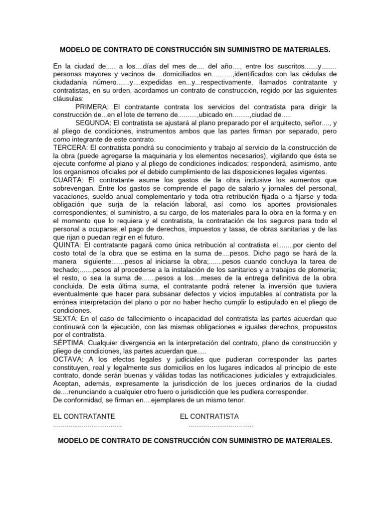 Modelo Contrato de Construccion Con y Sin Materiales | PDF