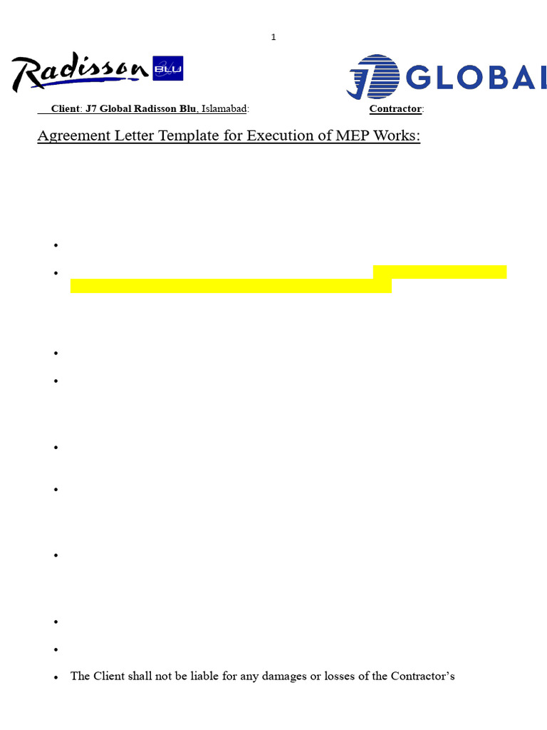 Agreement Letter Template for Execution of MEP Works | PDF