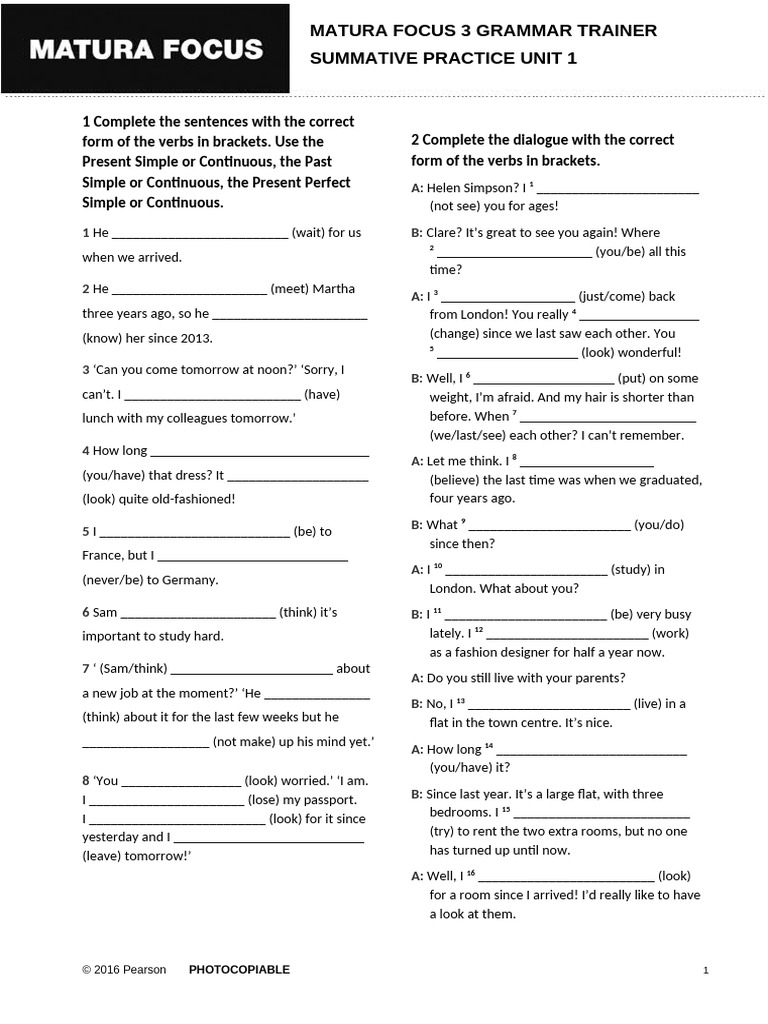 Matura Focus3 GrammarTrainer Unit1 Summative Practice | PDF