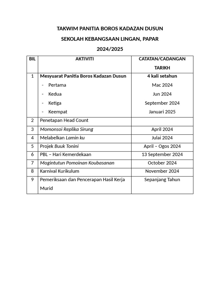 Takwim Panitia 2024 BKD | PDF
