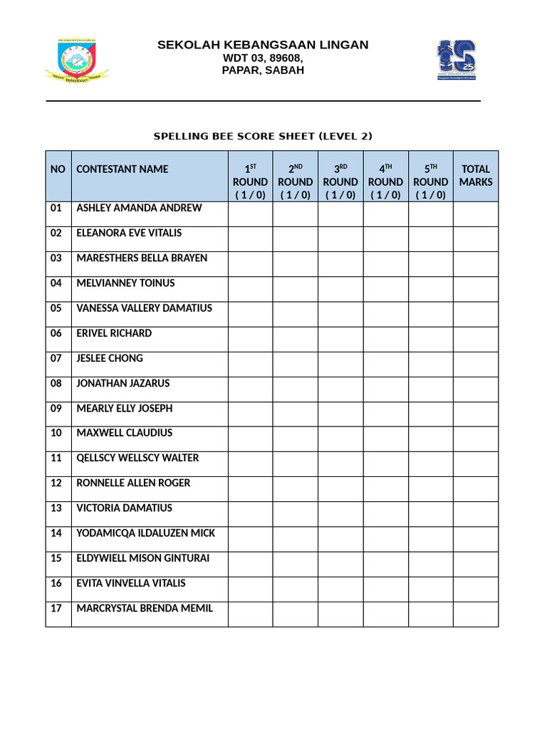 Spelling Bee Score Sheet | PDF