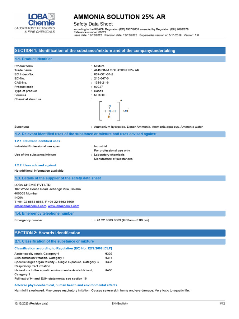 MSDS AMMONIA SOLUTION CASNO 1336 21 00027 EN - Aspx | PDF