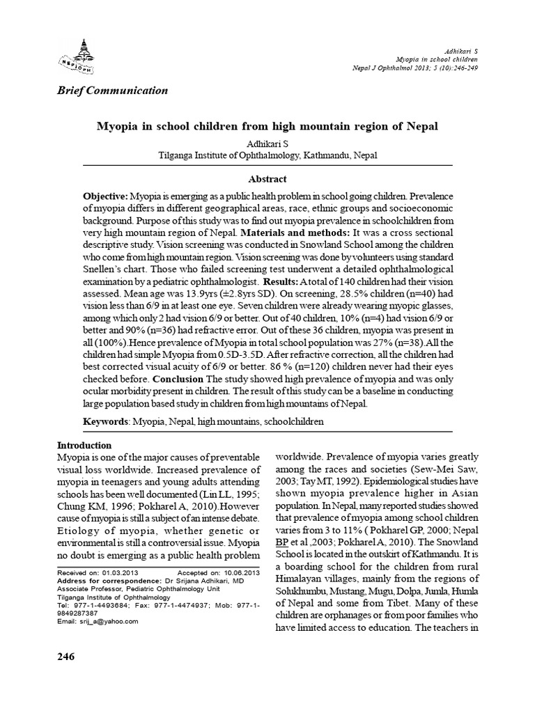 Myopia in School Children From High Mountain Region of Nepal | PDF