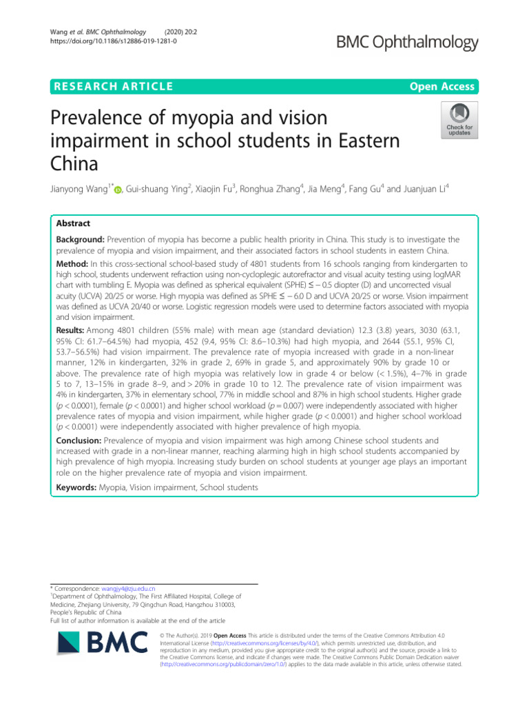 Prevalence of Myopia and Vision Impairment in School Students in ...