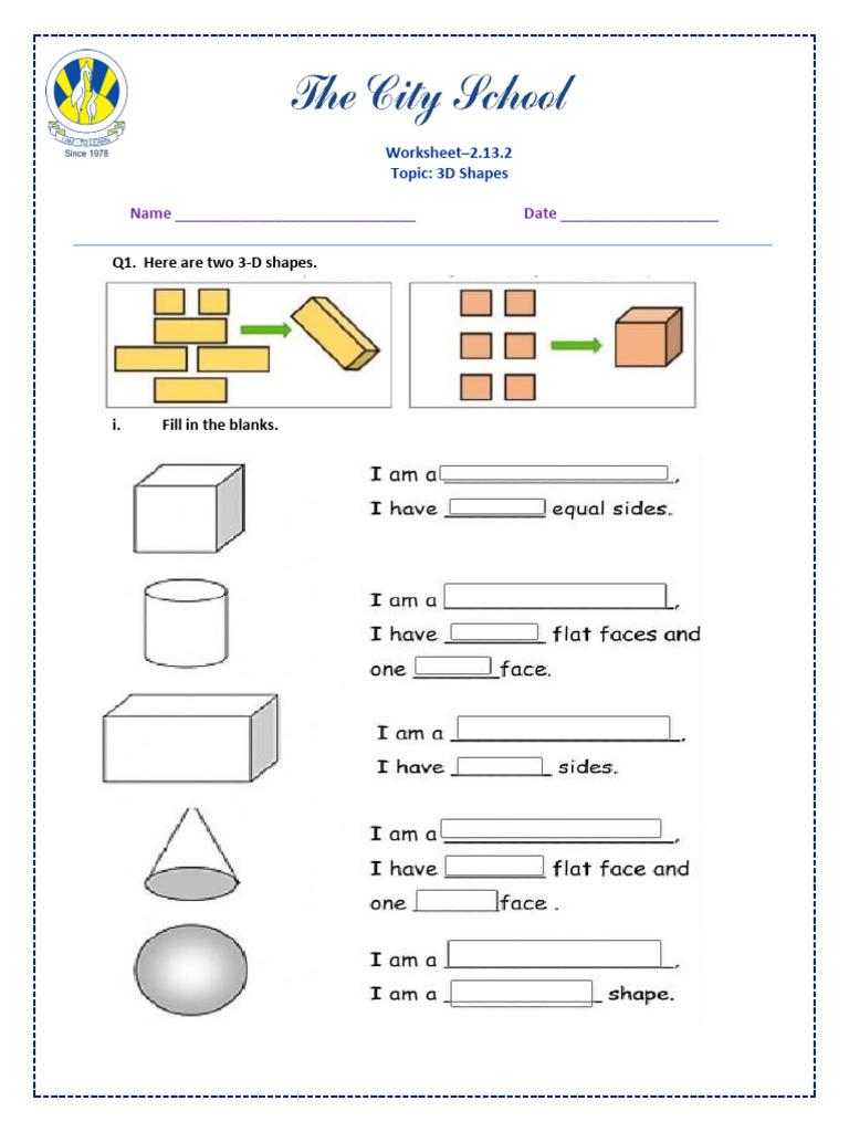 Class 3 Worksheet 2.13.2 - 3D Shapes | PDF