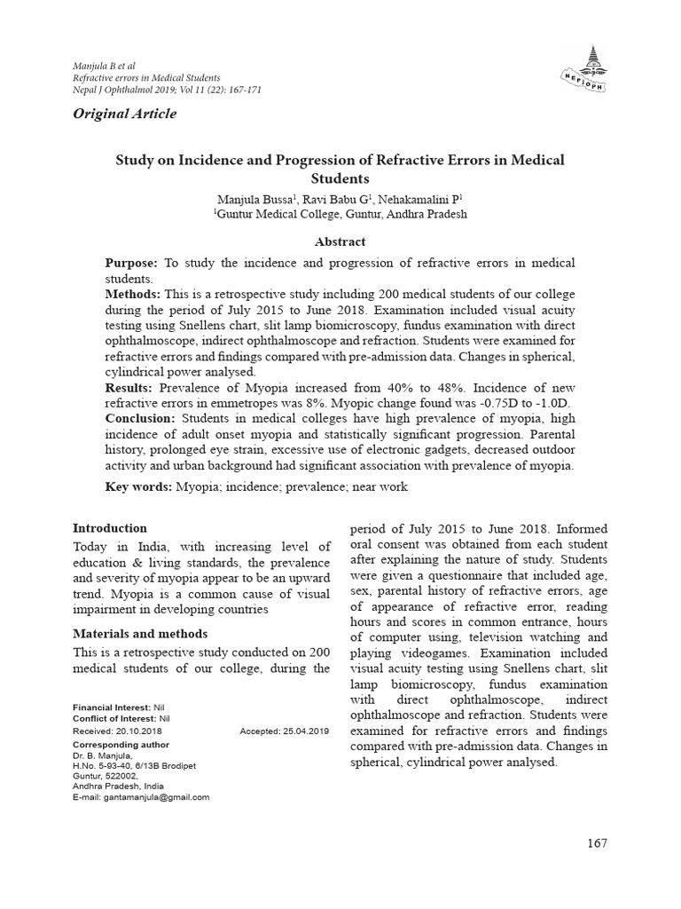 Study On Incidence and Progression of Refractive Errors in Medical Students | PDF