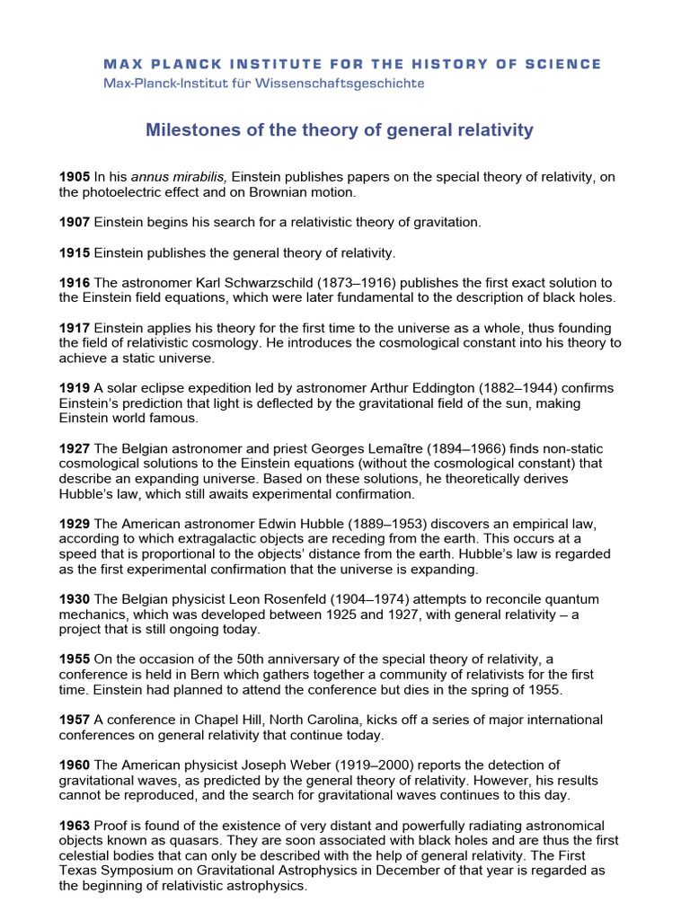 Milestones of The Theory of General Relativity 2 | PDF