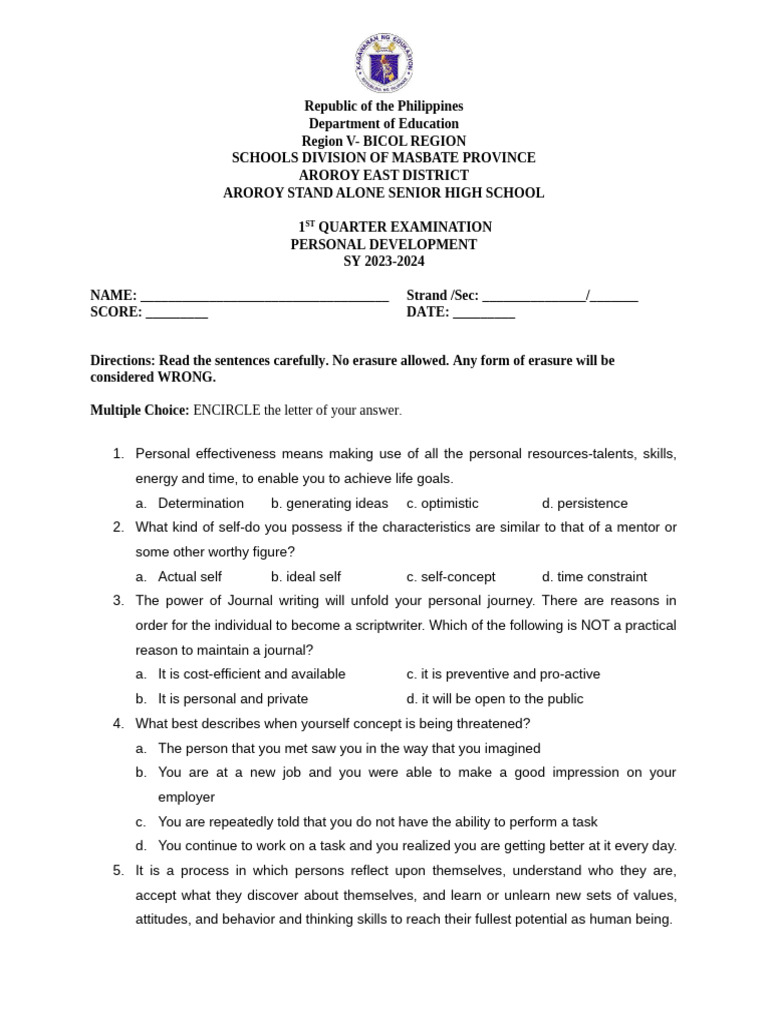 1ST QUARTER EXAMINATION per dev | PDF