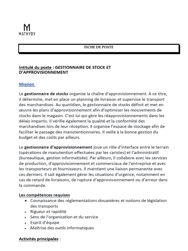 Intitulé Du Poste: GESTIONNAIRE DE STOCK ET: D'Approvisionnement | PDF