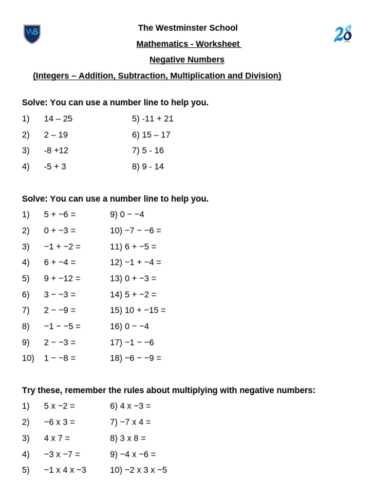 Year 7 - Integers - Worksheet | PDF