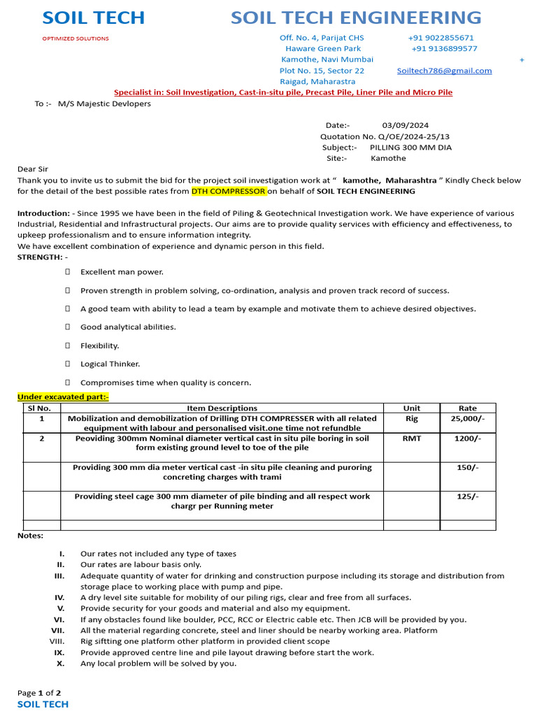 Q13 - Quotation For Micro Pile 300mm Dia at Kamothe Majestic Devlopers | PDF