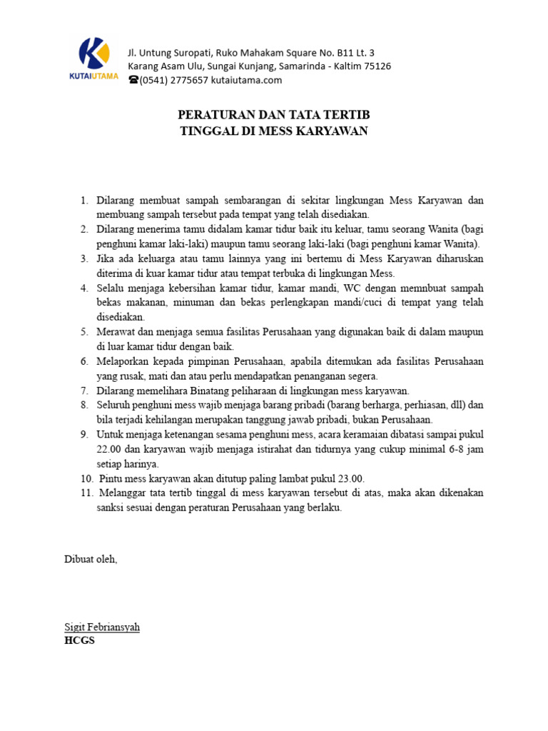 PERATURAN MESS KARYAWAN | PDF