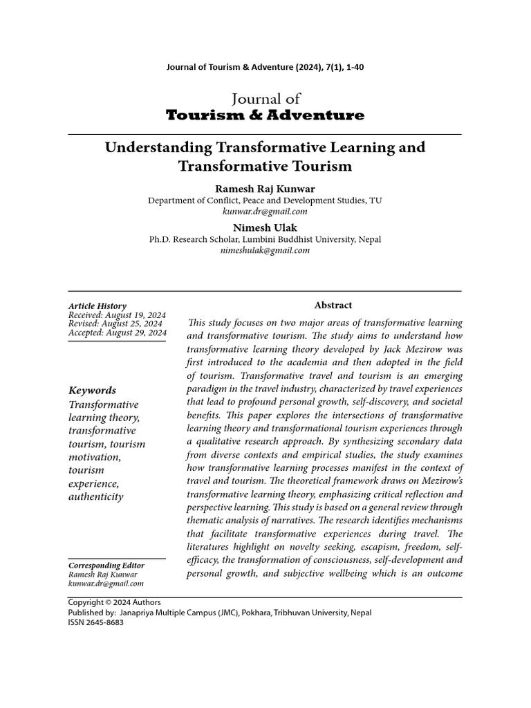 Understanding Transformative Learning and Transformative Tourism | PDF