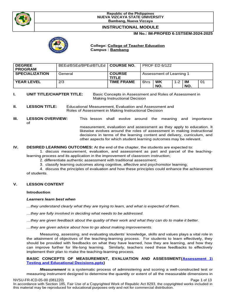 Assessment in Learning 1 IM1 | PDF