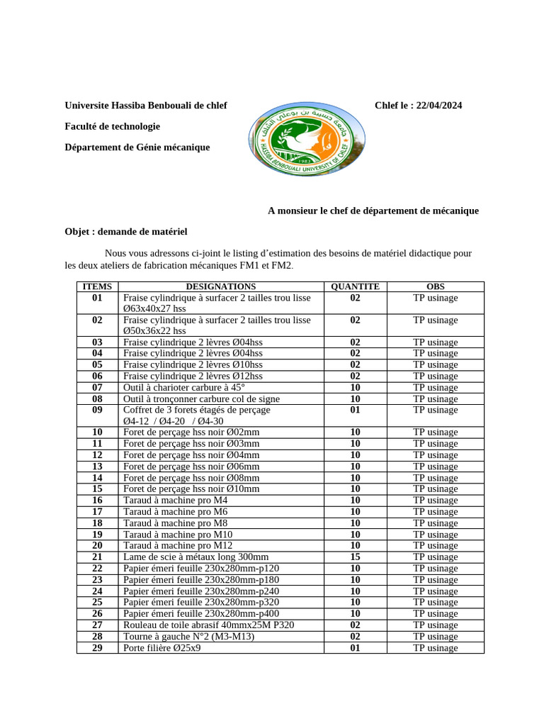 Commande Materiel Fm1 Et Fm2 2024-2 | PDF