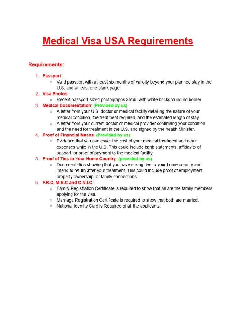 USA Medical Visa Requirements | PDF