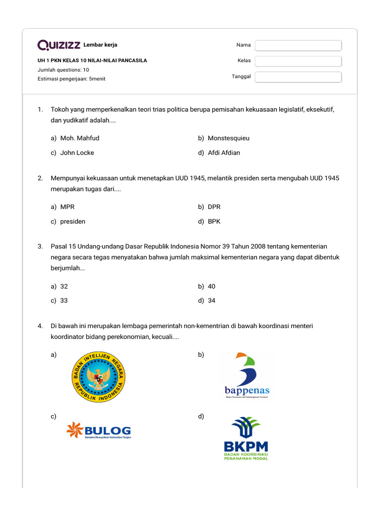 UH 1 PKN KELAS 10 NILAI-NILAI PANCASILA - Quizizz | PDF