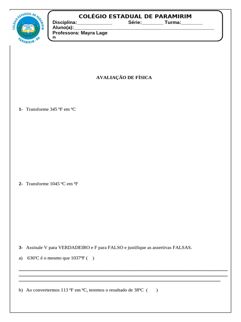 Prova de Fisica Eja 4 | PDF