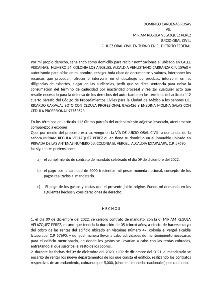 Modelo de Escrito de Demanda en Un Juicio Oral Civil | PDF