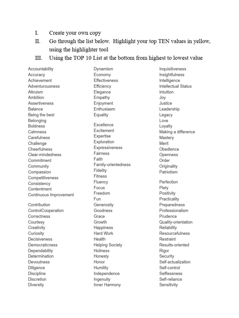 Copy of Top 10 Values | PDF