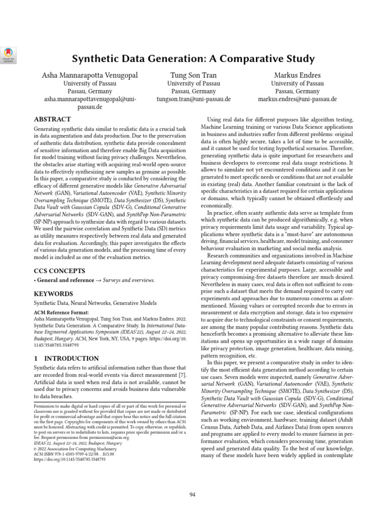 Synthetic Data Generation A Comparative Study | PDF