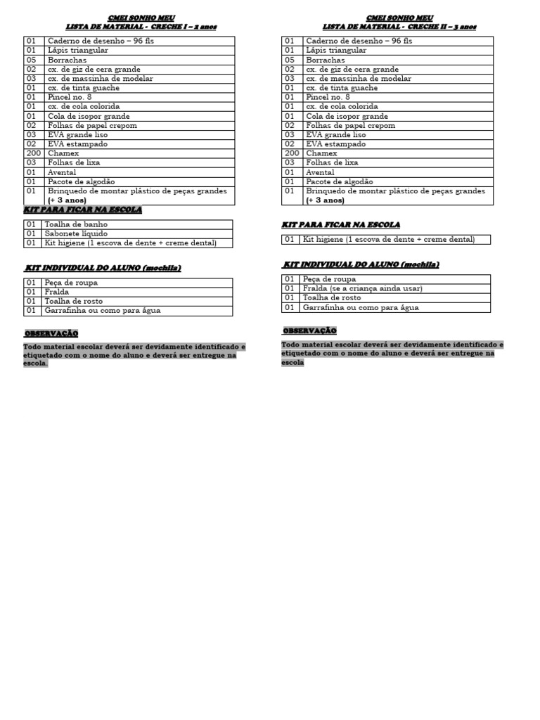 Creche Lista de Material | PDF