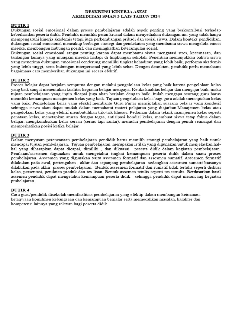 Deskripsi Kinerja Asesi 2024 SMAN 3 Lais | PDF