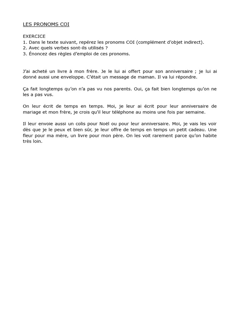 Pronoms COI - Texte Et Exercices | PDF
