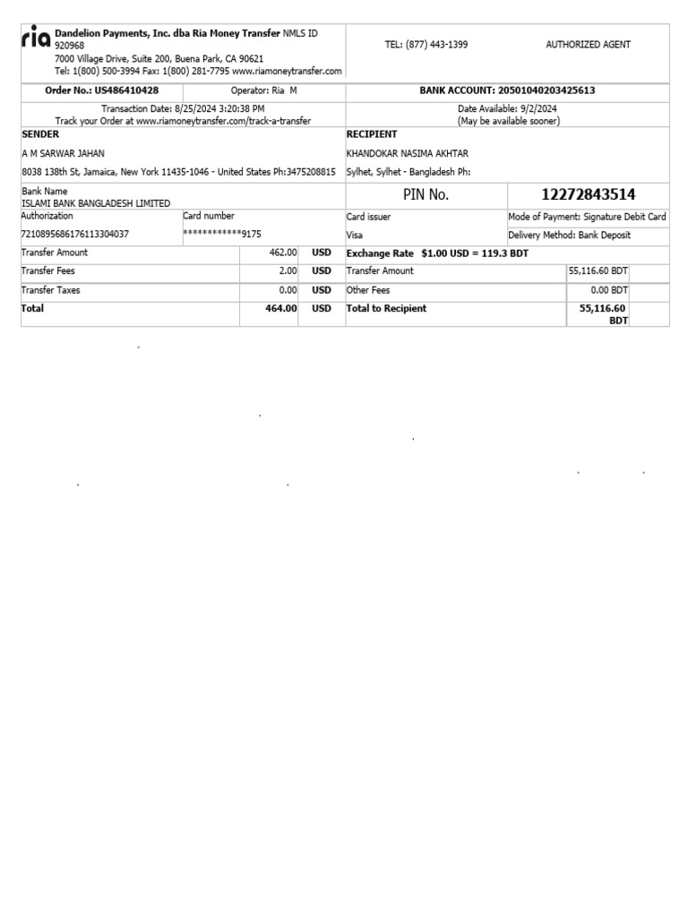 Ria Order Receipt US486410428 | PDF