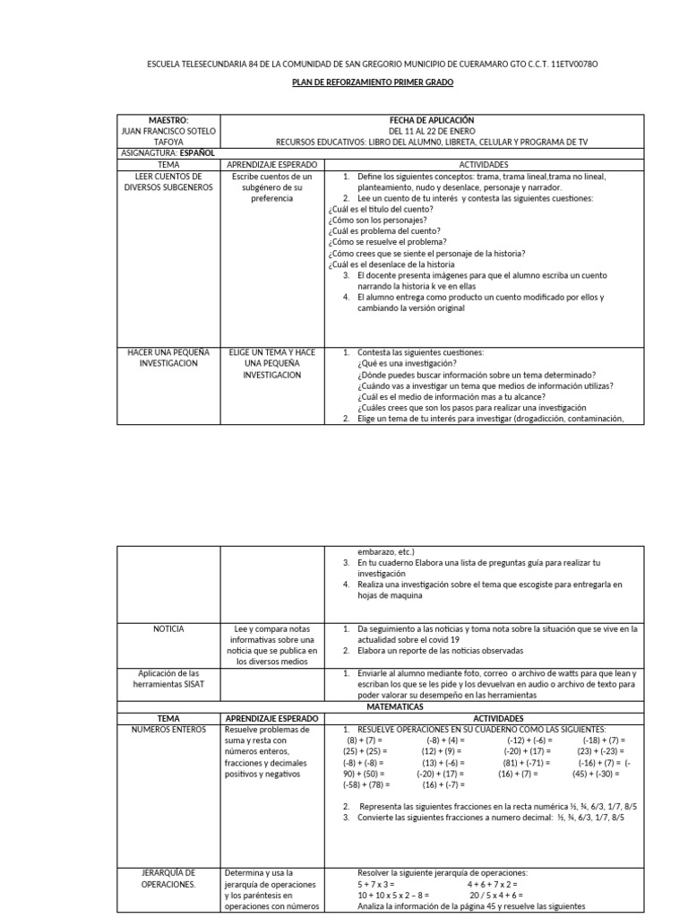 Plan De Reforzamiento Primero Pdf