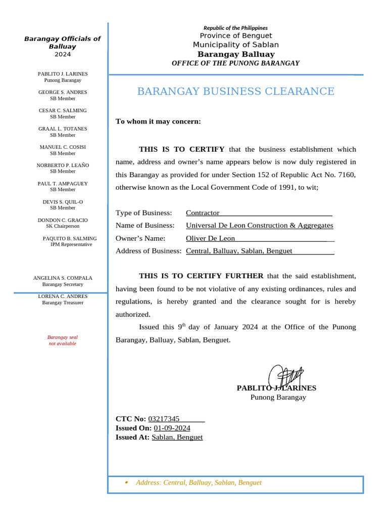 Barangay Business Clearance 2024 Oliver | PDF