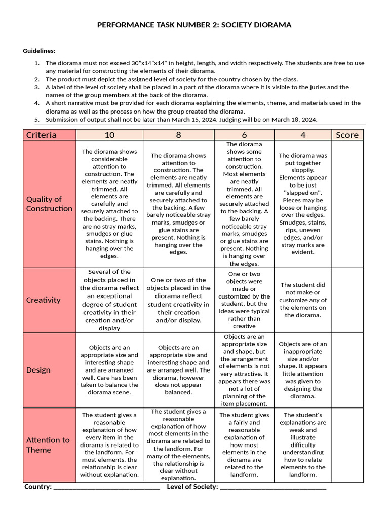 Guidelines and Rubrics For Diorama | PDF