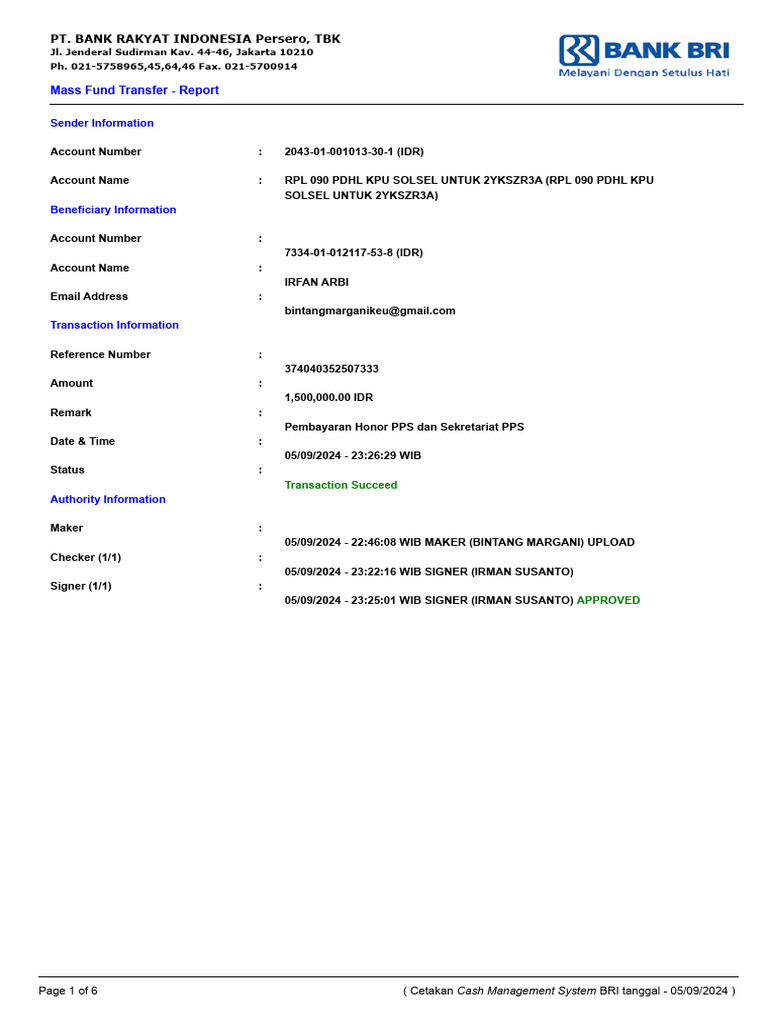 Bukti Pengiriman Honor PPS Dan Sekretariat PPS Pauh Duo Nan Batigo Bulan Agustus 2024 | PDF