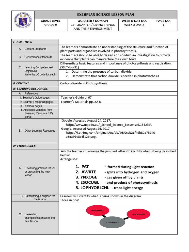 Grade Level Quarter / Domain Week & Day No. Page No.: Exemplar Science ...