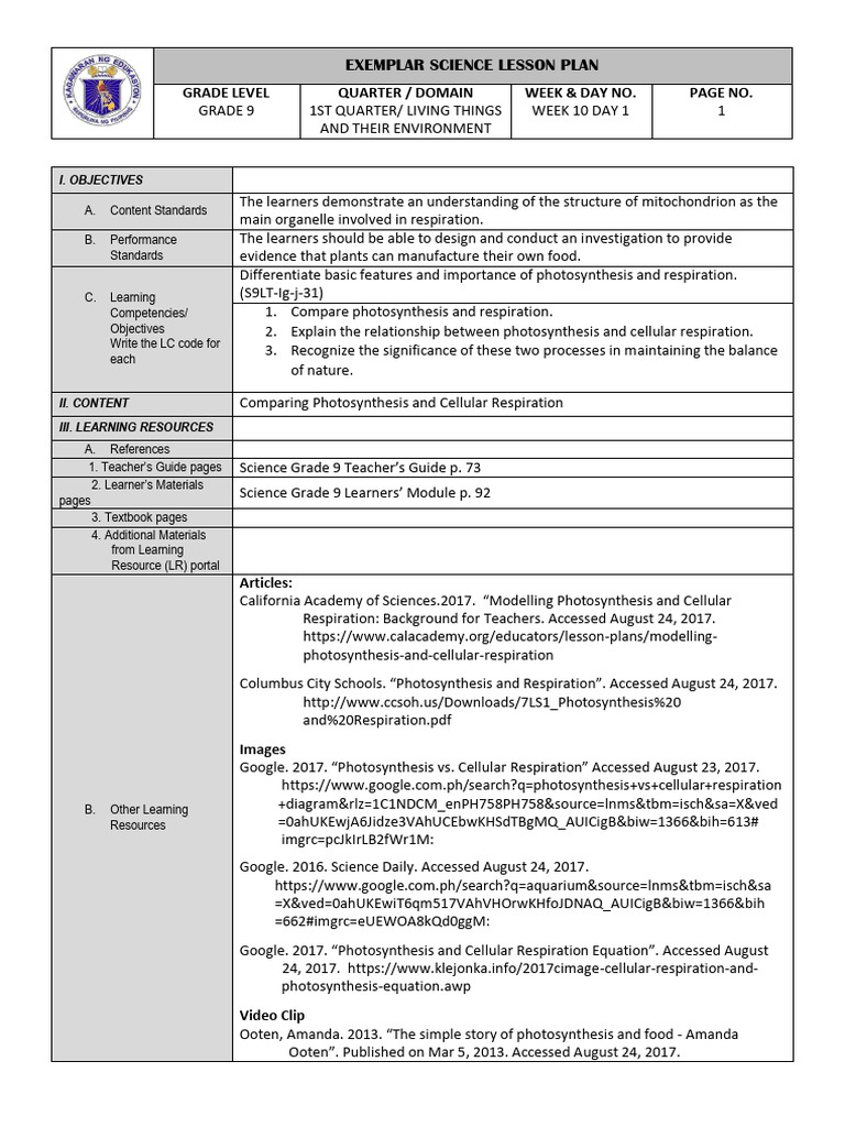 Grade Level Quarter / Domain Week & Day No. Page No.: Exemplar Science ...