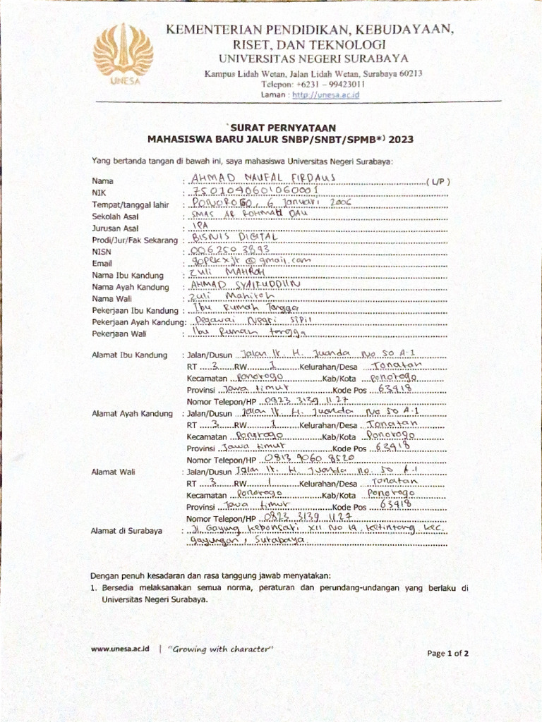 Surat Pernyataan Camaba Unesa | PDF