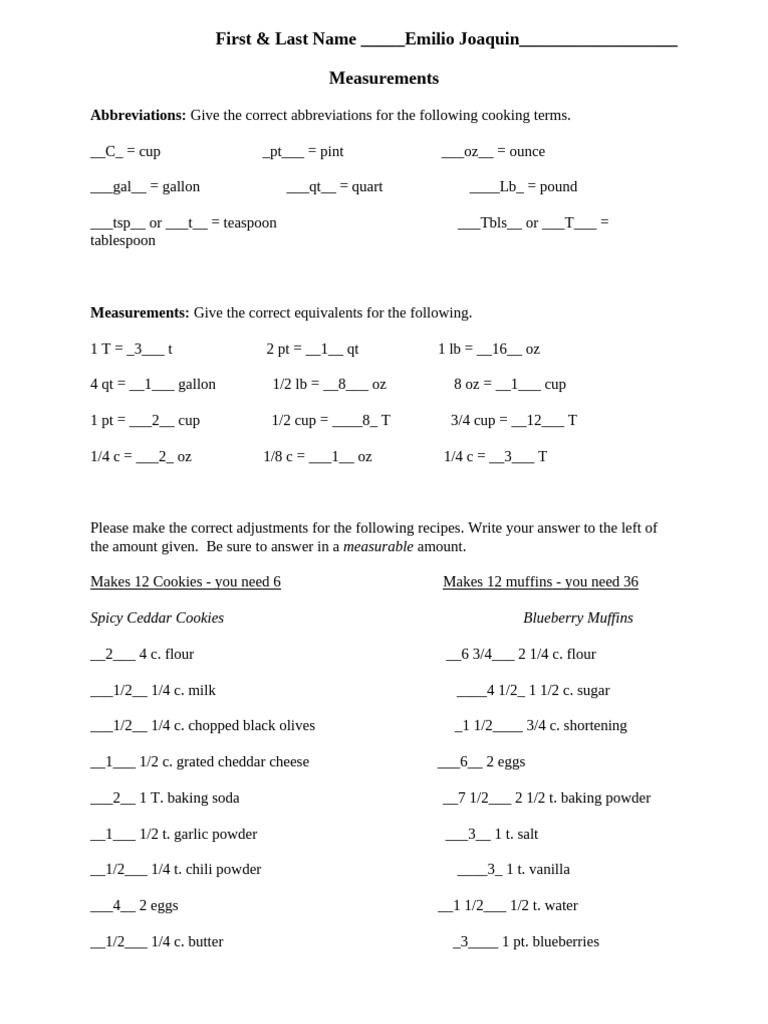 Measurements Worksheet | PDF