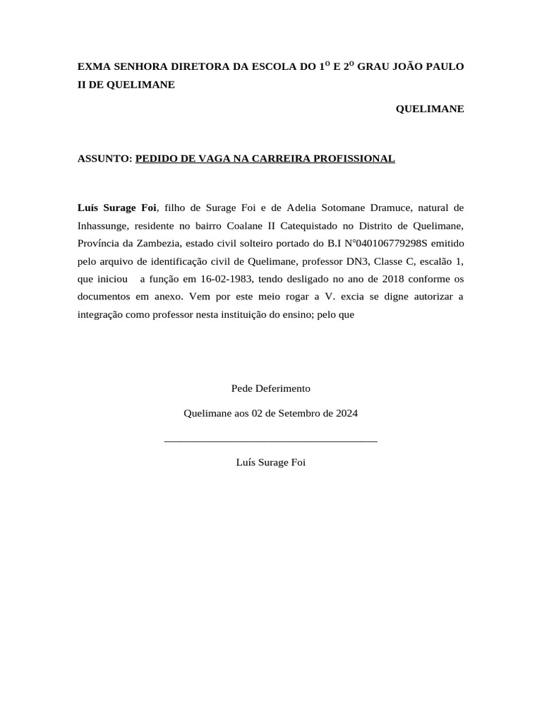 Exma Senhora Diretora Da Escola Do 1o e 2o Grau Joao Paulo II de ...