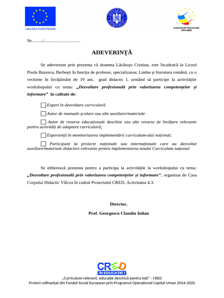 Model Adeverinta PROFESORI | PDF