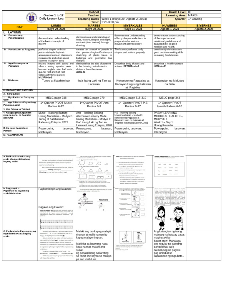 DLL Mapeh Q1 Week 1 | PDF | Learning | Behavior Modification