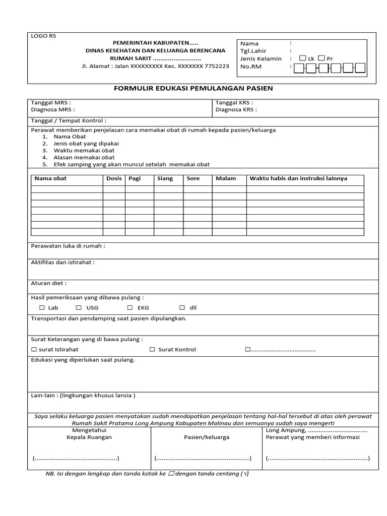 Form Edukasi Pemulangan Pasien Rumah Sakit | PDF