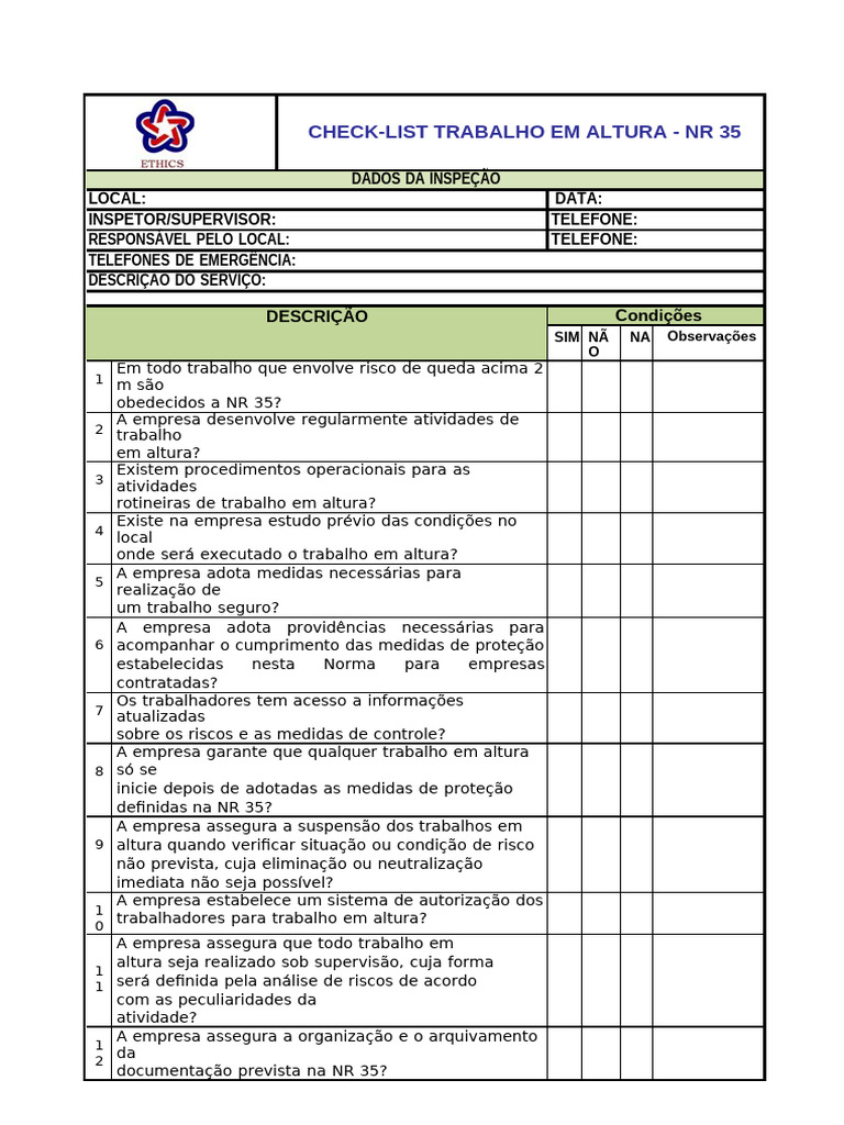 Check-list de Trabalho em Altura NR 35 | PDF | Desenvolvimento ...