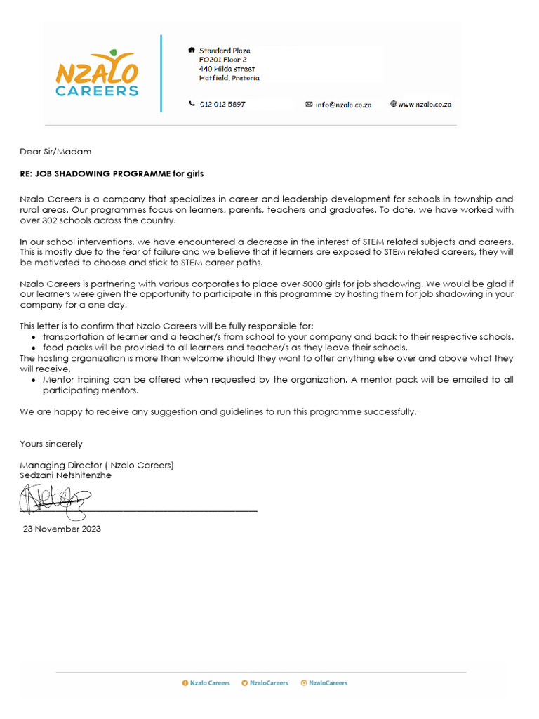 JOB SHADOWING LETTER | PDF