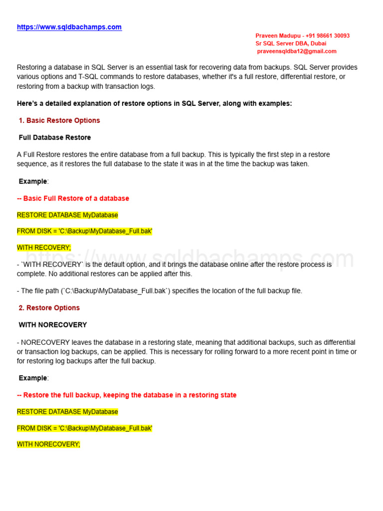 Restore Database options in SQL Server-Overview | PDF