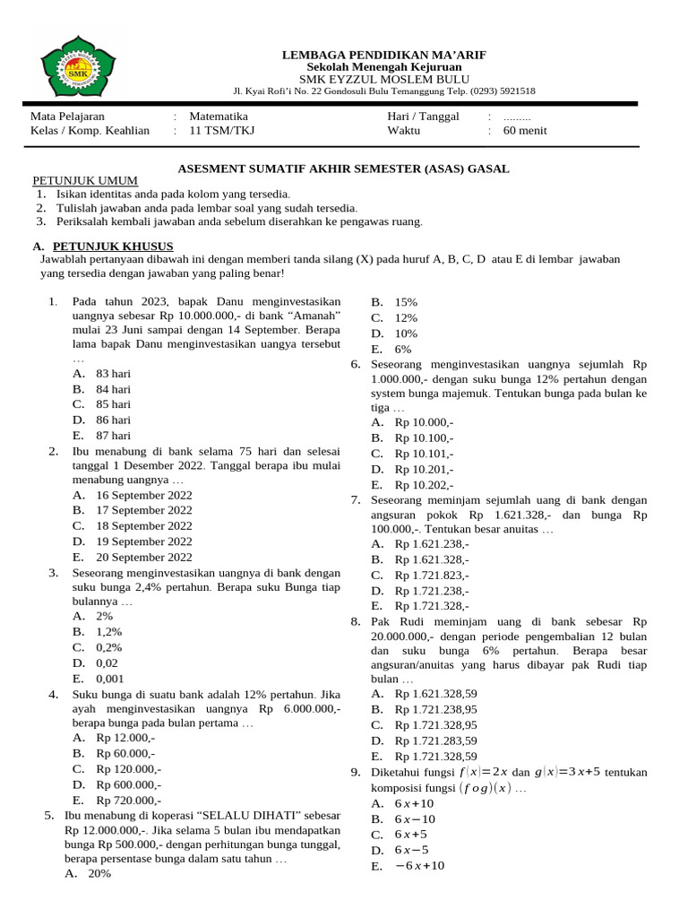 Soal Matematika Kls XI Asas Tahun 20232024 | PDF