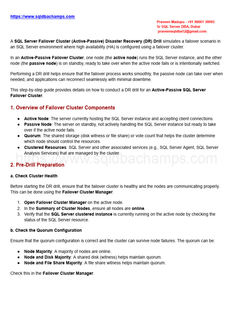 SQL Server Failover Cluster (Active-Passive) DR Drill | PDF | Computer ...