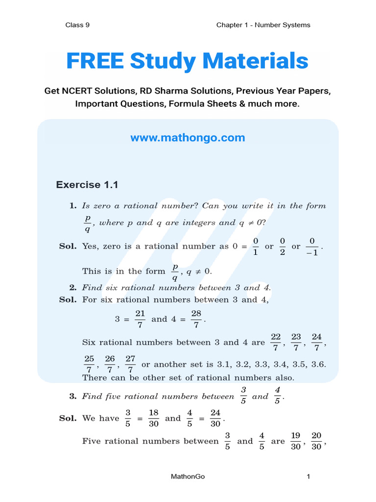 NCERT Solutions Class 9 Maths Chapter 1 Number Systems | PDF